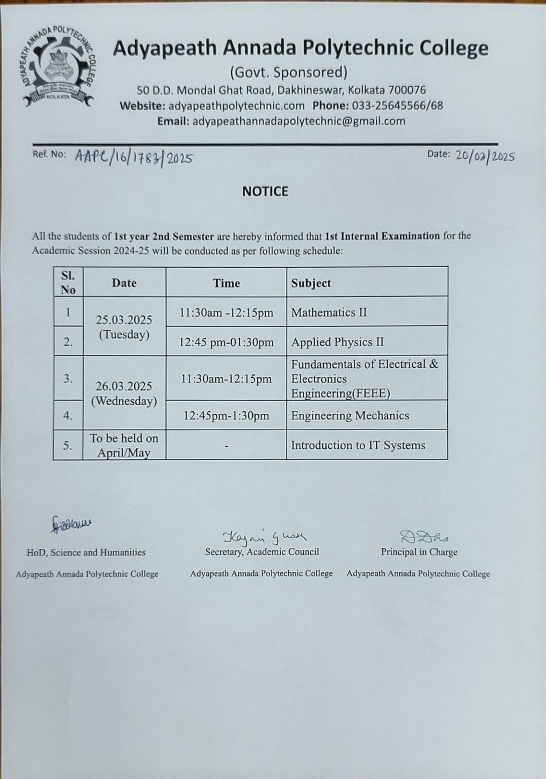 1st Year 2nd Sem - 1st Internal Examination - 2024-25 - Adyapeath ...